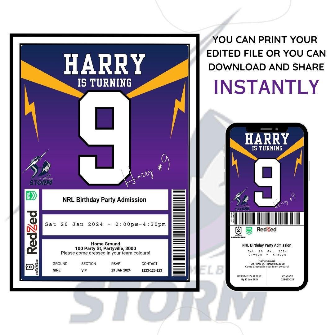 Melbourne Storm NRL Birthday Invitation, NRL Birthday Template, Storm ...