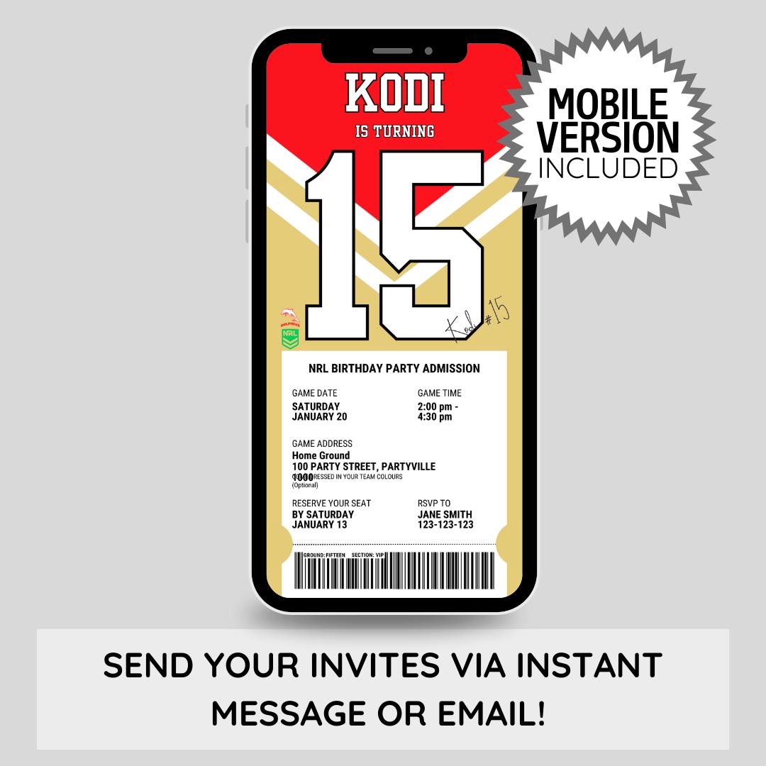 Dolphins NRL Birthday Invitation, NRL Birthday Template, Dolphins ...