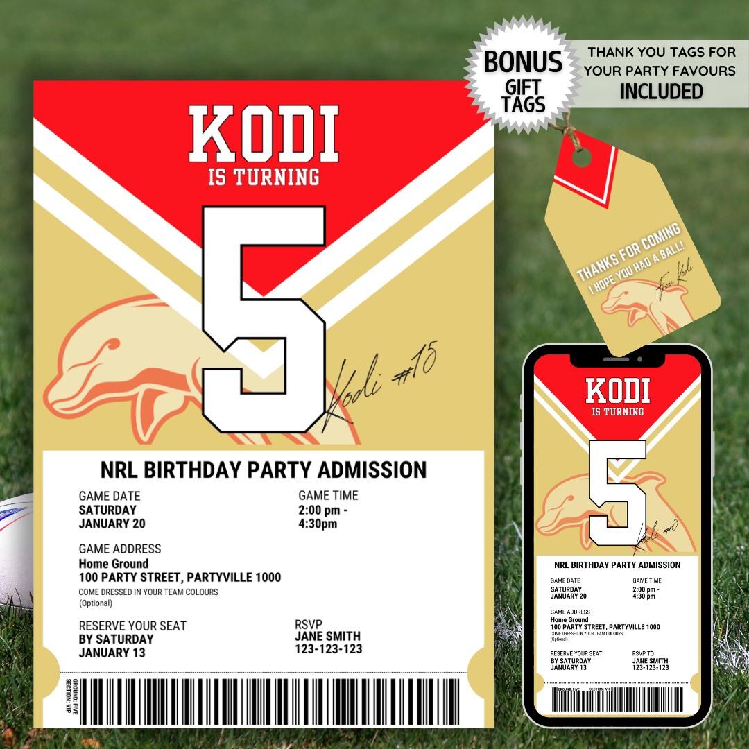 Dolphins Style Birthday Party Invitation. NRL Admission Ticket Style ...