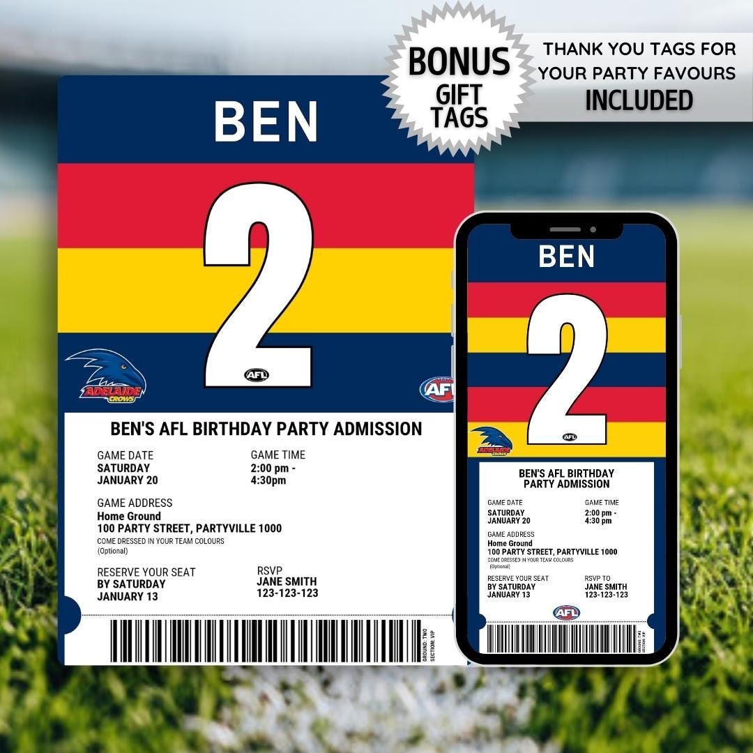 Adelaide Crows AFL Birthday Invitation, AFL Birthday Template, Crows ...