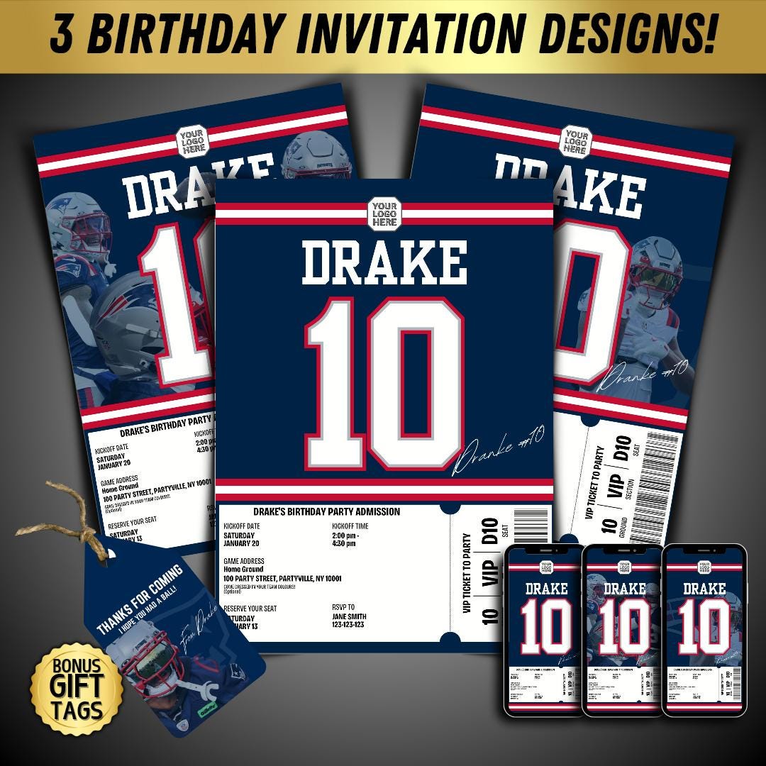 New England Patriots NFL Style Birthday Invitation. NFL Themed Party ...