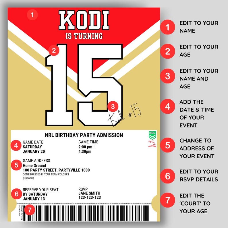 Dolphins NRL Birthday Invitation, NRL Birthday Template, Dolphins ...