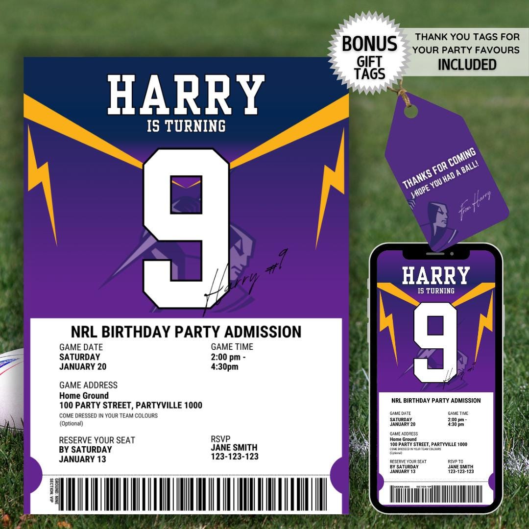 Melbourne Storm Style Birthday Party Invitation. NRL Admission Ticket ...