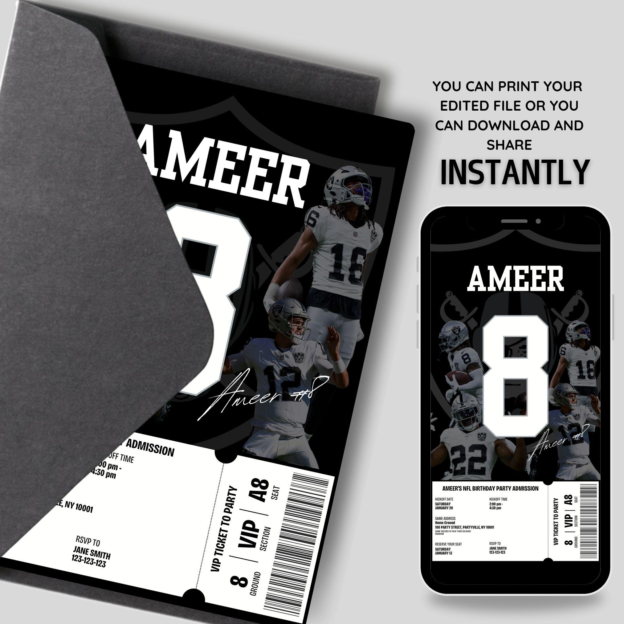 Las Vegas Raiders Style Birthday Party Invitation. NFL Ticket Style ...