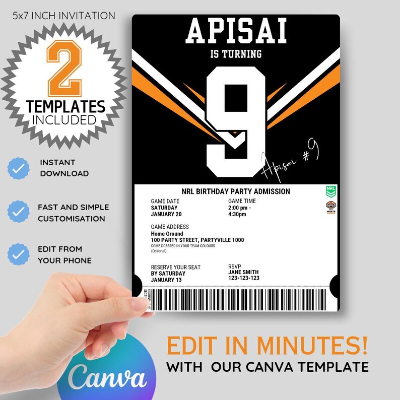 Wests Tigers NRL Birthday Invitation, NRL Birthday Template, Tigers ...