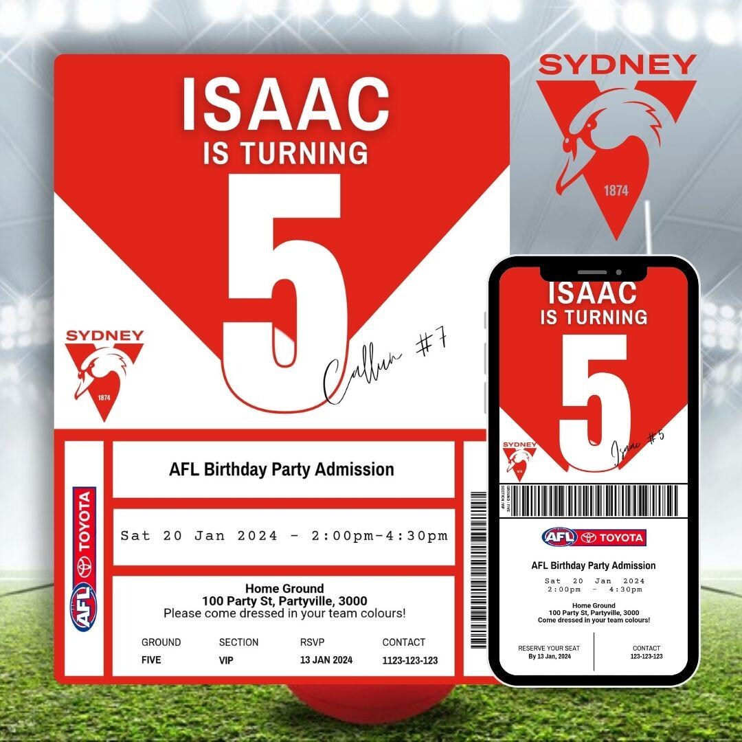 Sydney Swans AFL Birthday Invitation, AFL Birthday Template, Swans ...