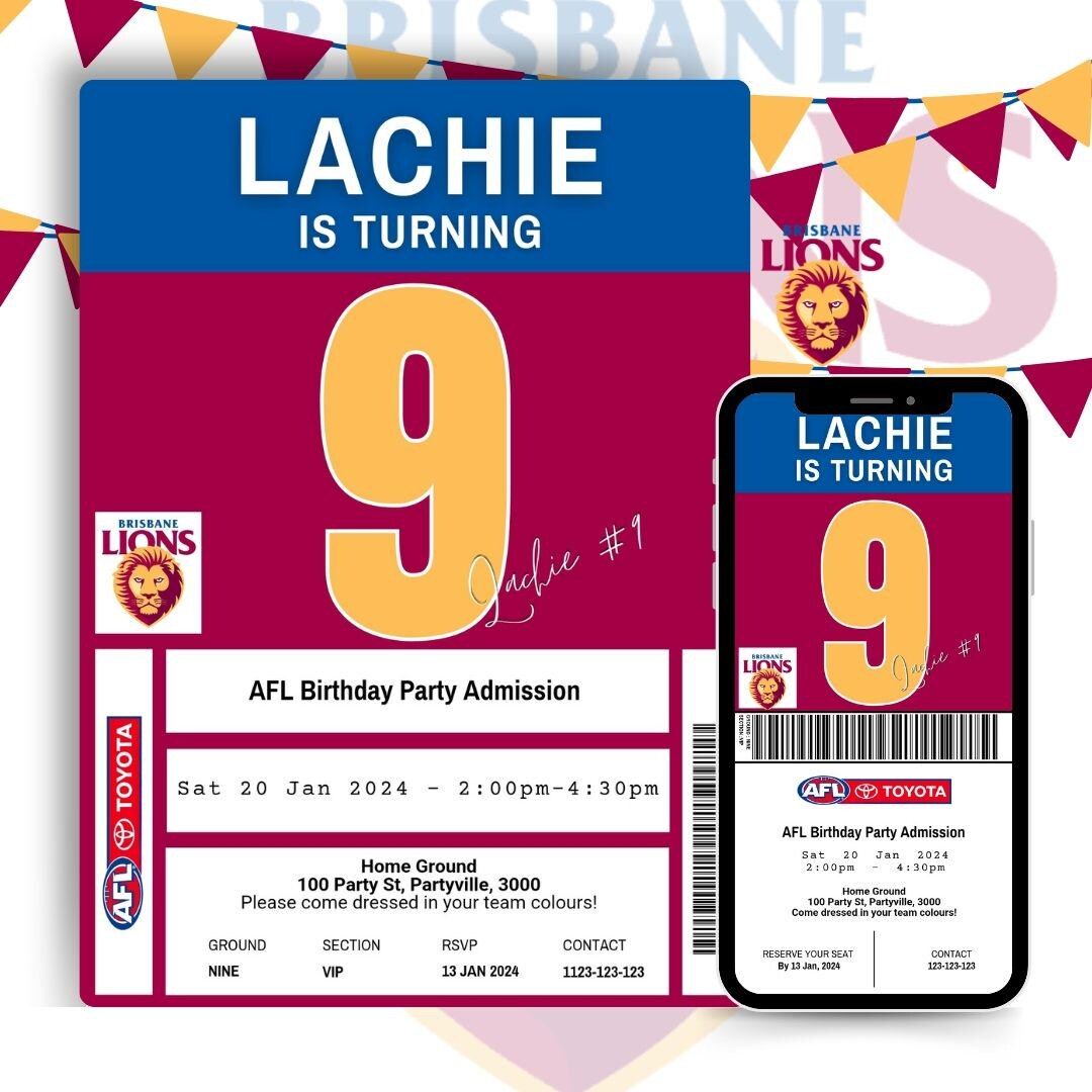 Brisbane Lions AFL Birthday Invitation, AFL Birthday Template, Lions ...