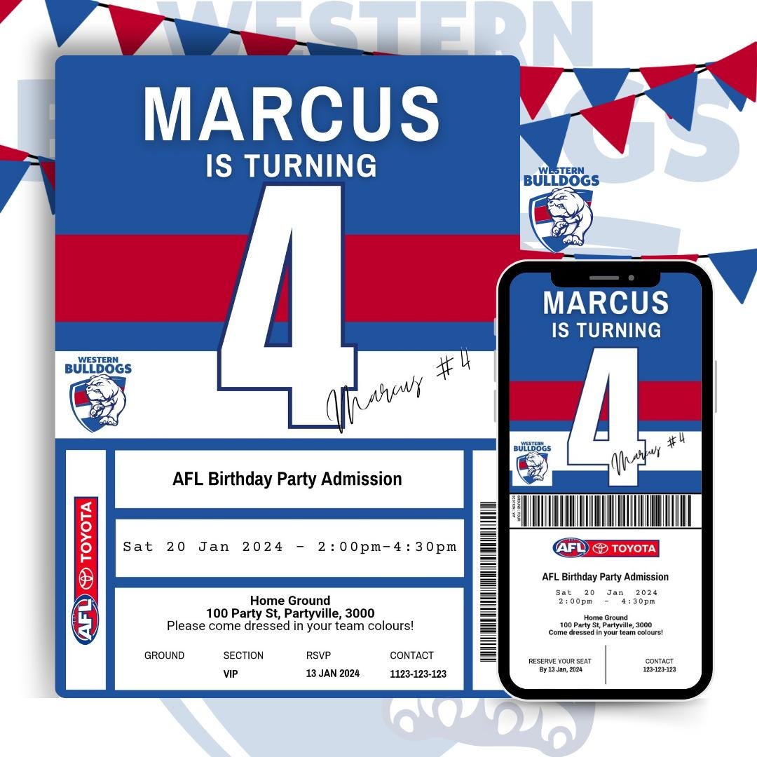 Western Bulldogs AFL Birthday Invitation, AFL Birthday Template ...