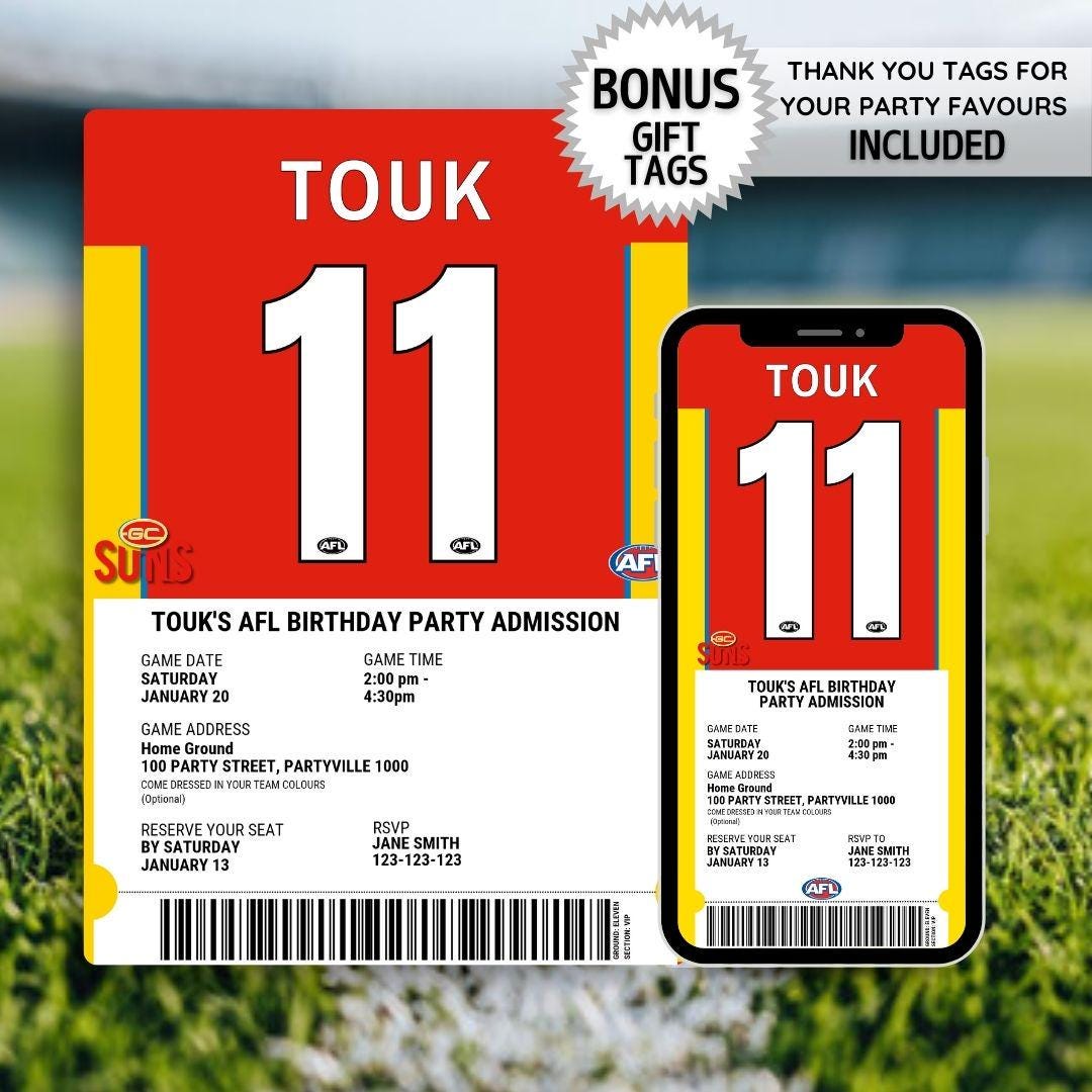 Gold Coast Suns AFL Birthday Invitation, AFL Birthday Template, Gold ...