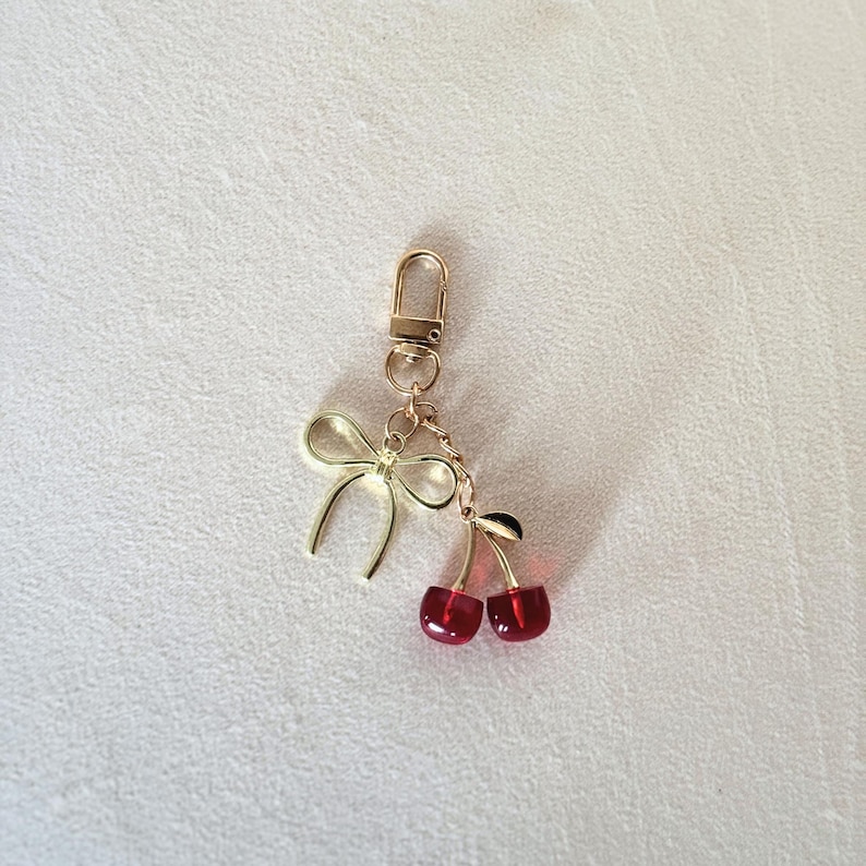Red Cherry Bow Bag Charm – Cute Kawaii Purse Accessory, Gold Chain ...