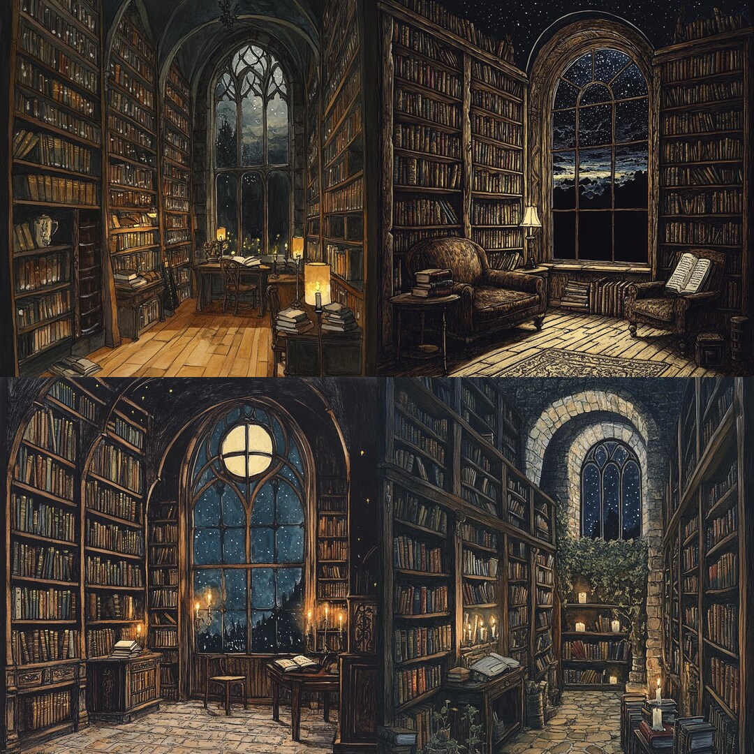 Ancient Library With Tall Shelves and Glowing Candlelight - Etsy