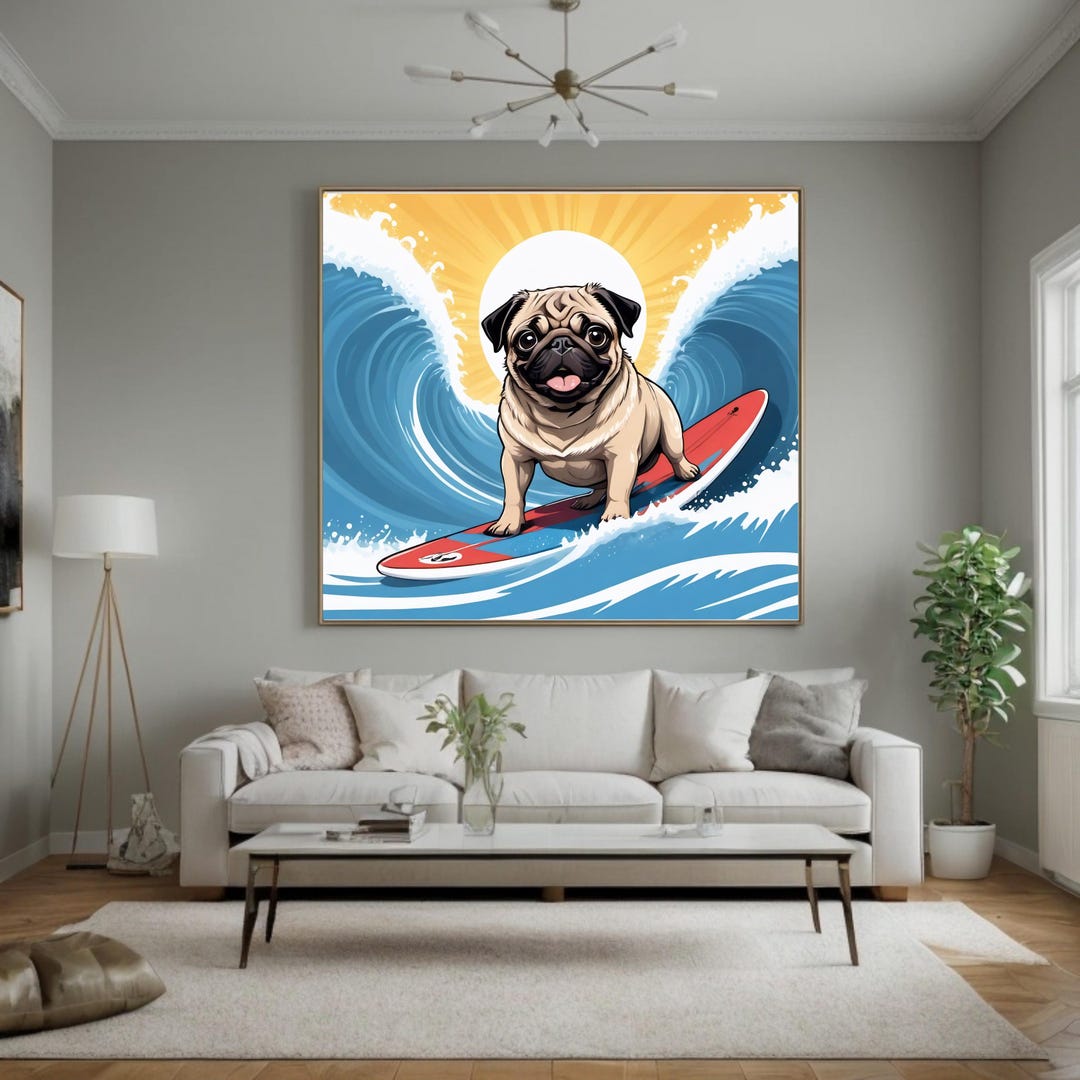 Funny Pug Wall Art, Cute Surfing Pug Print 600 DPI Digital File PNG ...