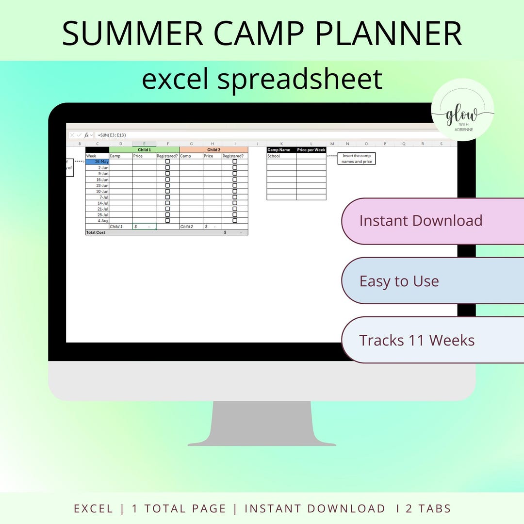 Summer Camp Organizer Excel Template Budget Planner Family Calendar ...