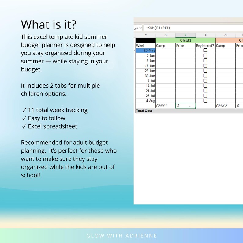Summer Camp Organizer Excel Template Budget Planner Family Calendar ...