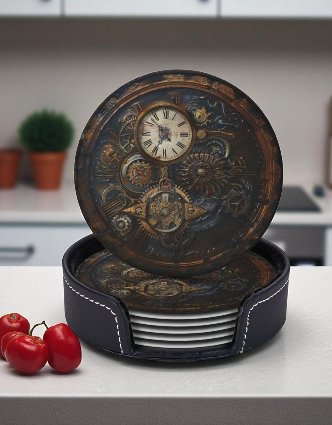 Steampunk Clock Coasters – Set of 6 Round Drink Mats With Holder, Faux ...