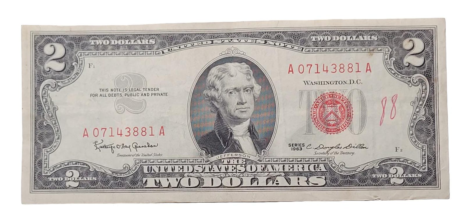 1963 Series Red Seal United States Note With Serial Number A07143881A ...