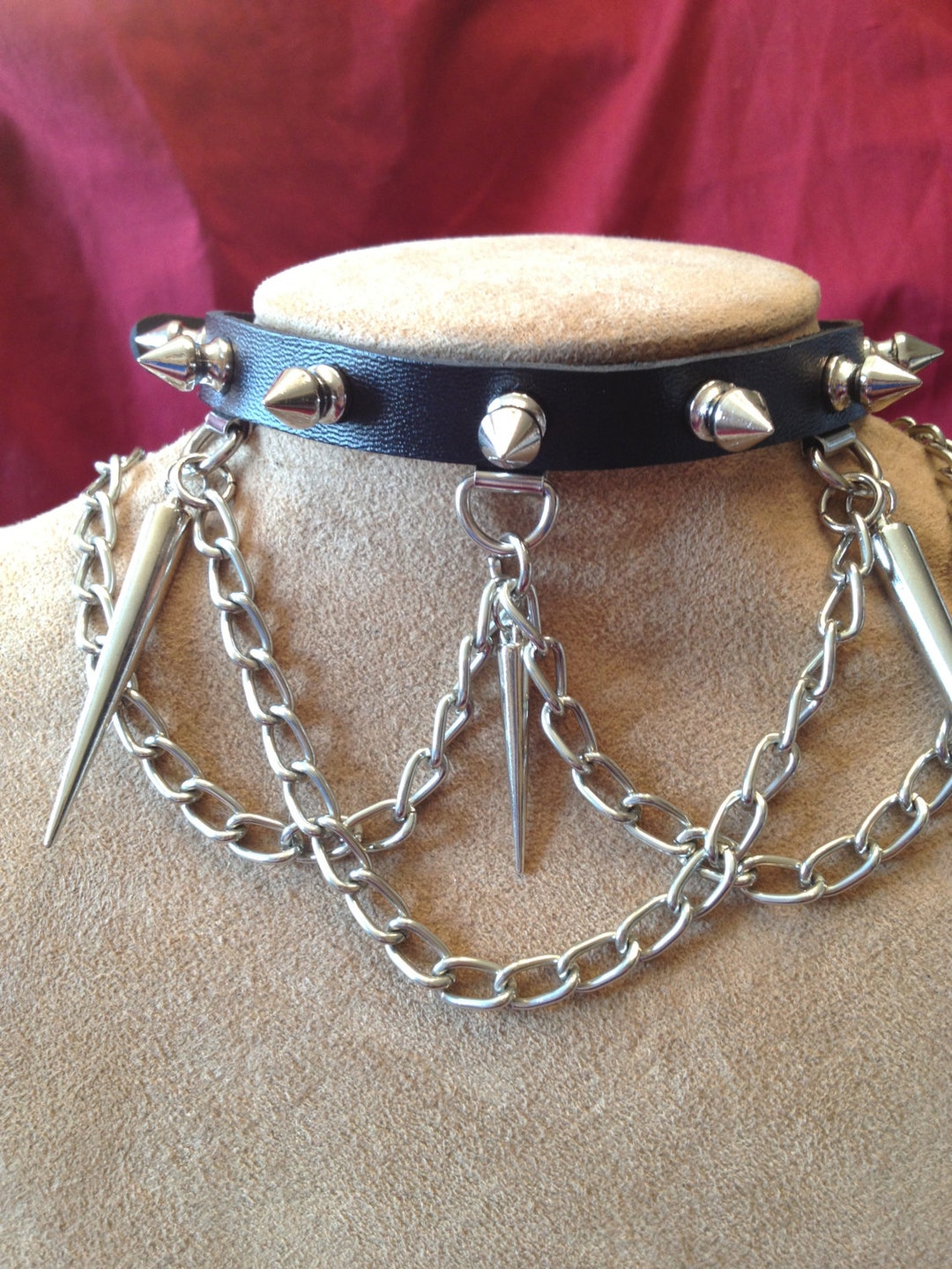 Spiked Chain Leather Collar, Leather Choker With Spikes and Hanging ...
