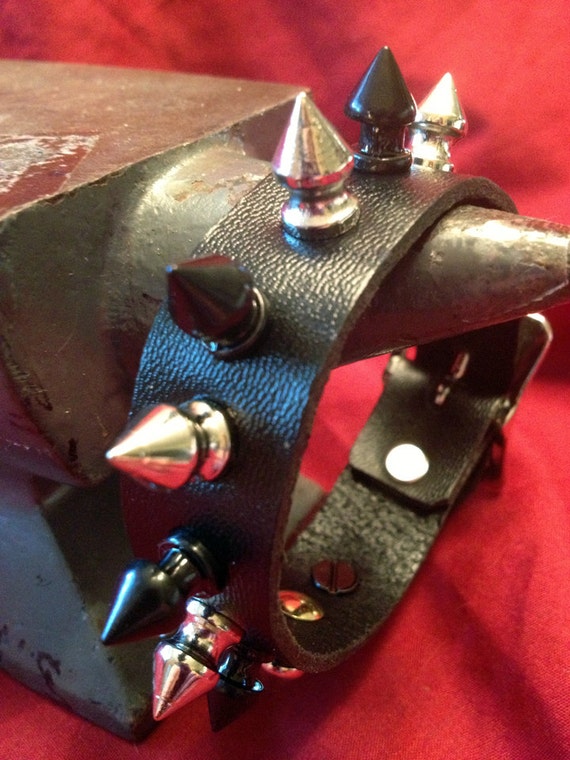 Silver and Black Spiked Leather Cuff - Etsy