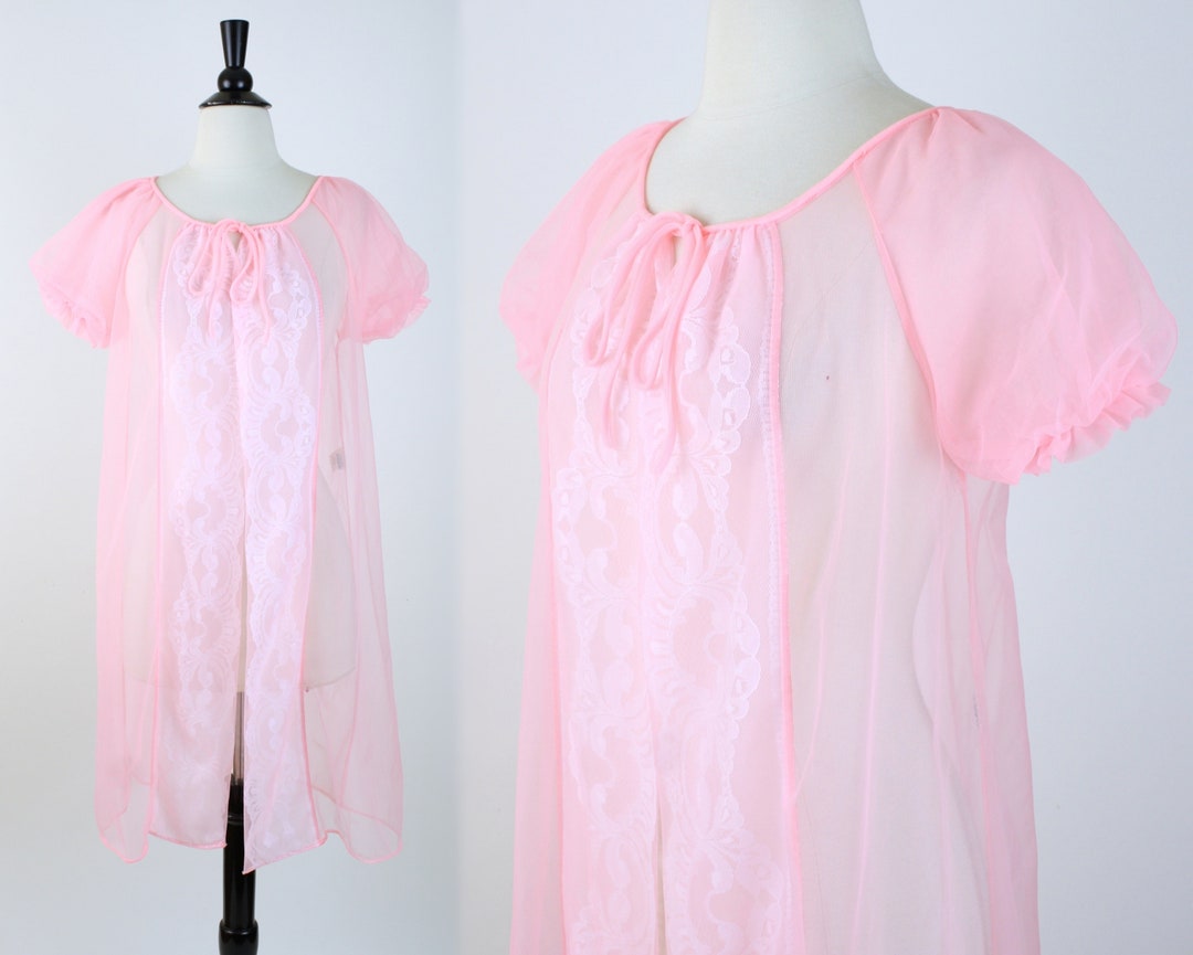Vintage 60s Peignoir 1960s Pink Sheer Robe Bubble Gum Pink Nylon Lacy ...