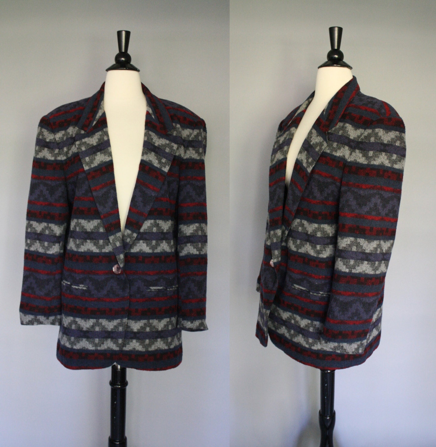 80s Blazer / Vintage 1980s Southwestern Aztec Print Navy Red - Etsy