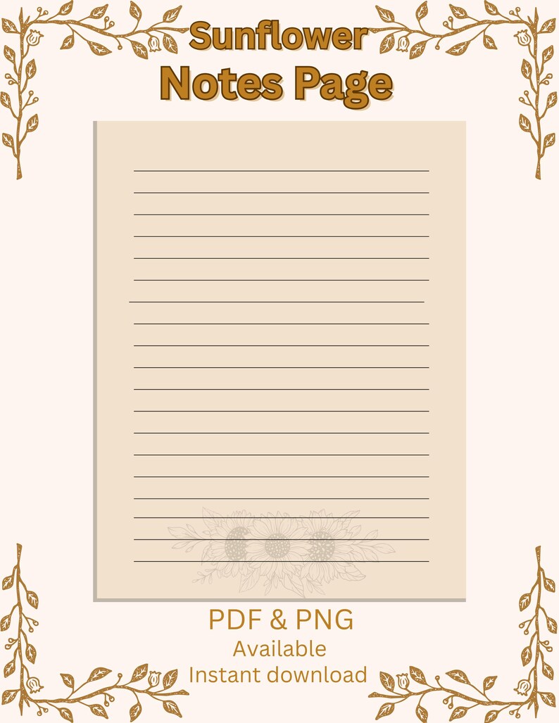 Sunflower Notes Page | Printable Journal Sheet | PDF Digital Download ...