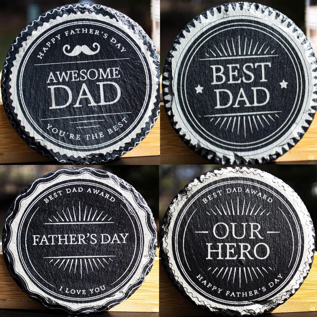 Father's Day Custom Gear Coaster Set, Pick 4. Round Slate Bar Coasters ...