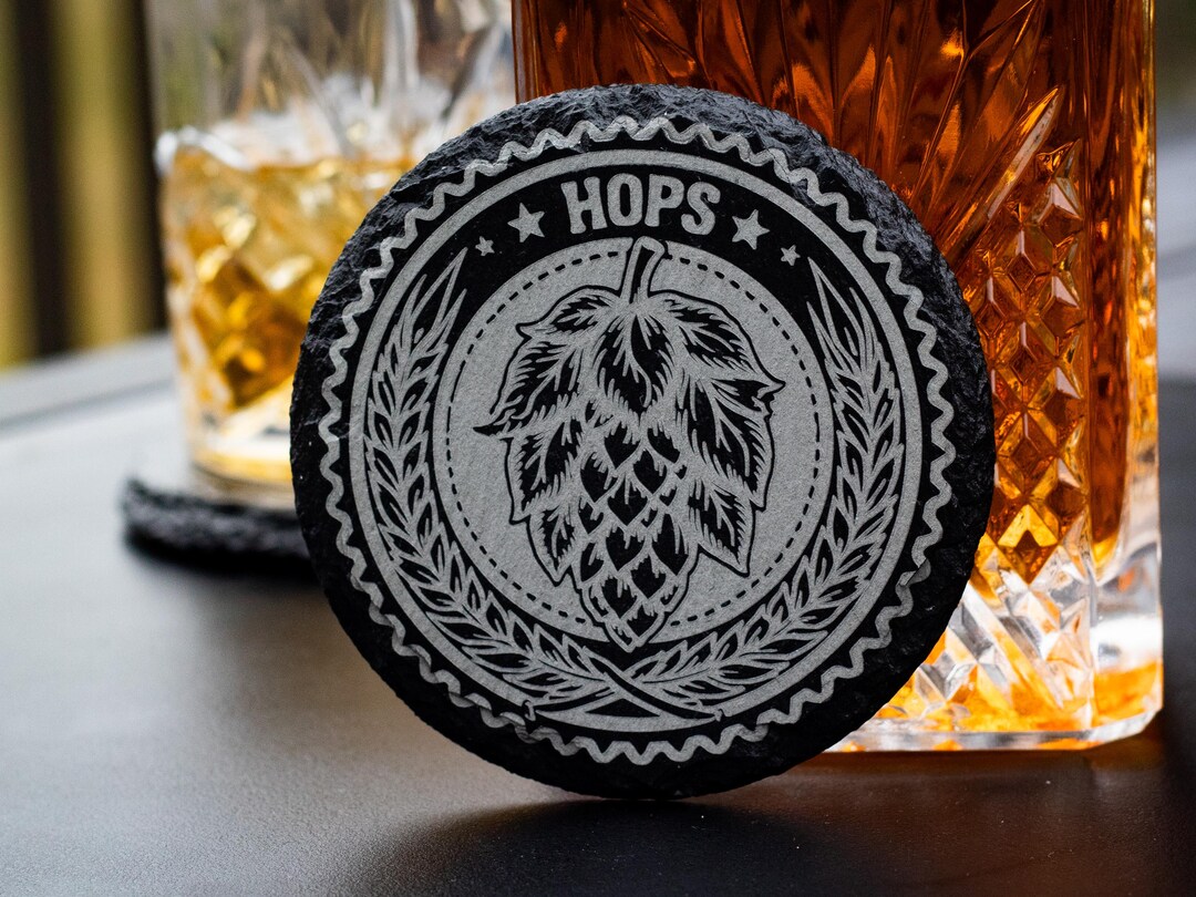 Round Slate Bar Coaster, Hops, Beer Lover, IPA, 4 Pack With Bamboo ...
