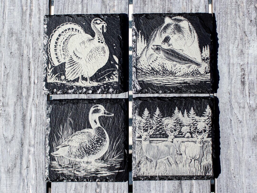 Cabin Wildlife Coaster Set, Square Slate Bar Coaster, 4 Pack With ...
