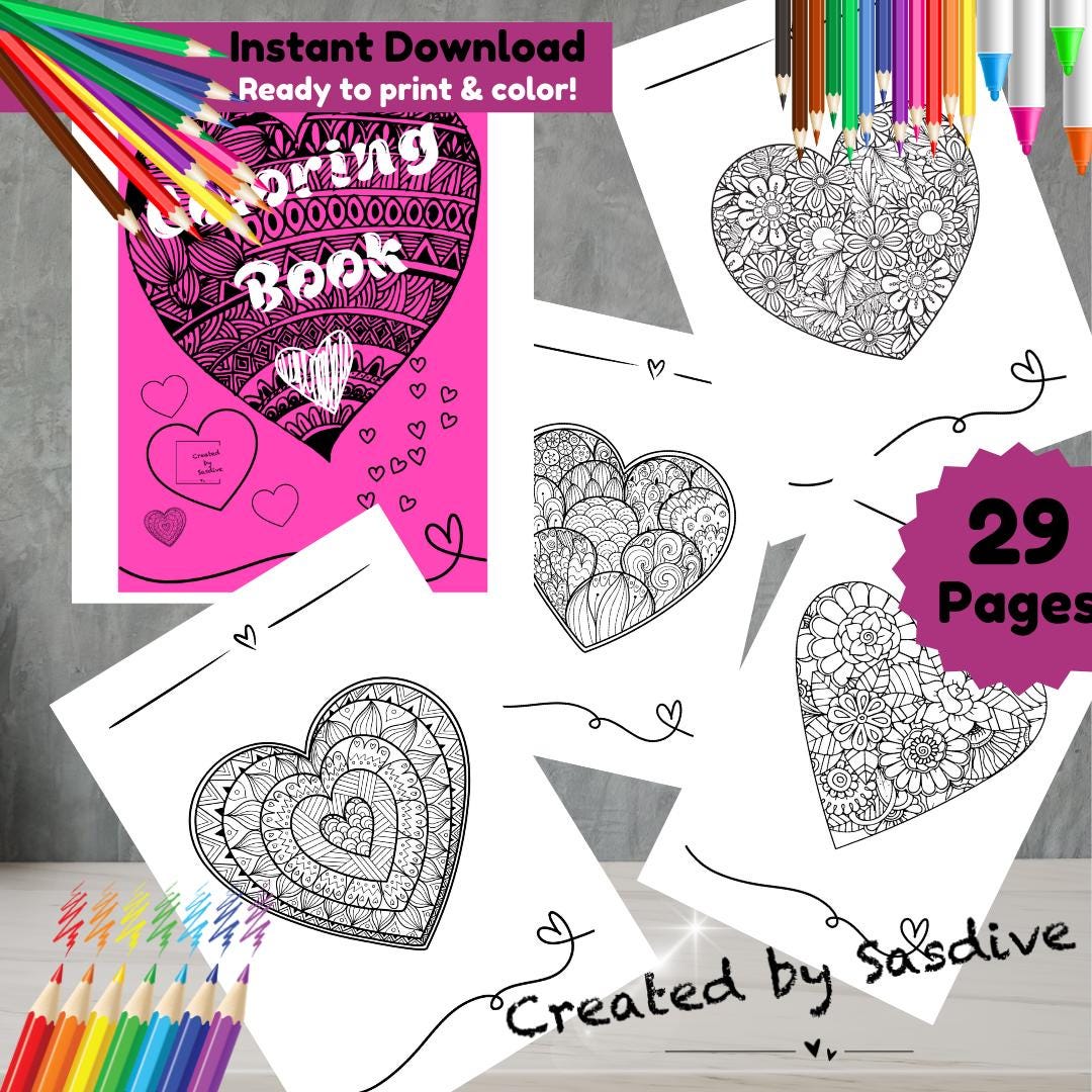 Coloring Book: Hearts | Coloring Book | Digital Coloring Book ...