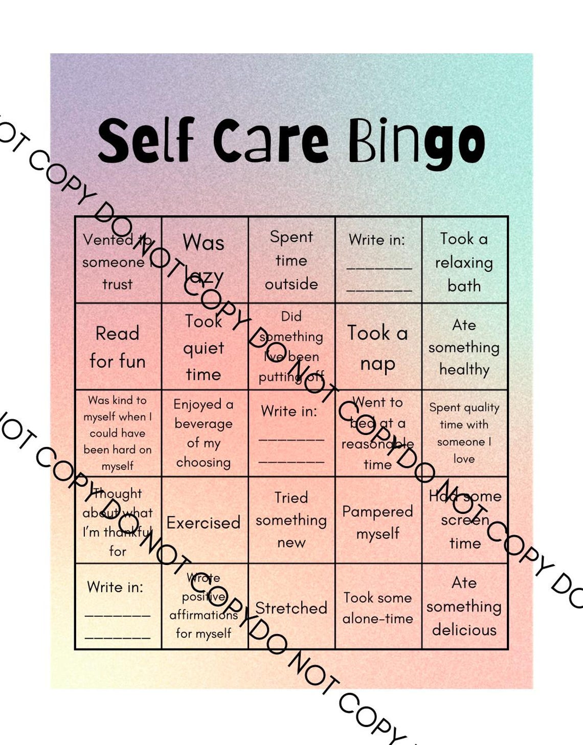 Self Care Bingo Card Handout/worksheet (for Social Work/therapy ...