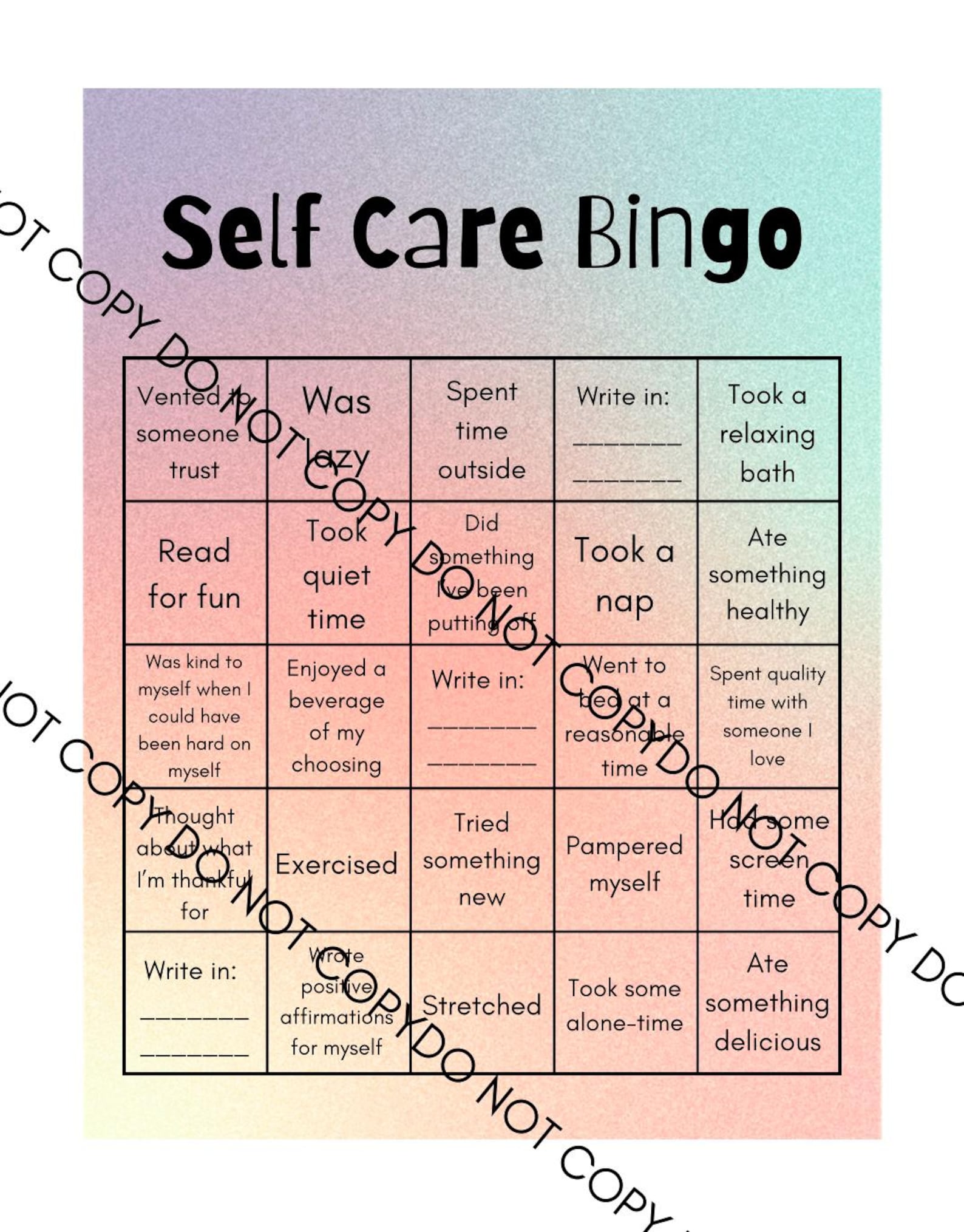Self Care Bingo Card Handout/worksheet (for Social Work/therapy ...