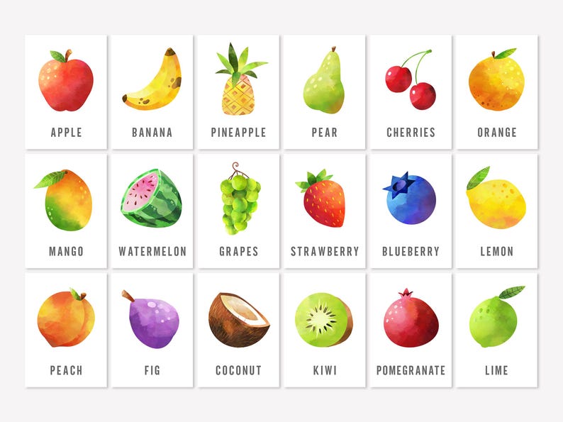 20 FRUITS Flashcards, Montessori Cards, FRUITS 3 Part Cards, Preschool ...