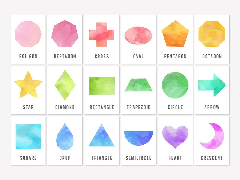 20 SHAPES Flashcards, Montessori Cards,geometric SHAPES 3 Part Cards ...