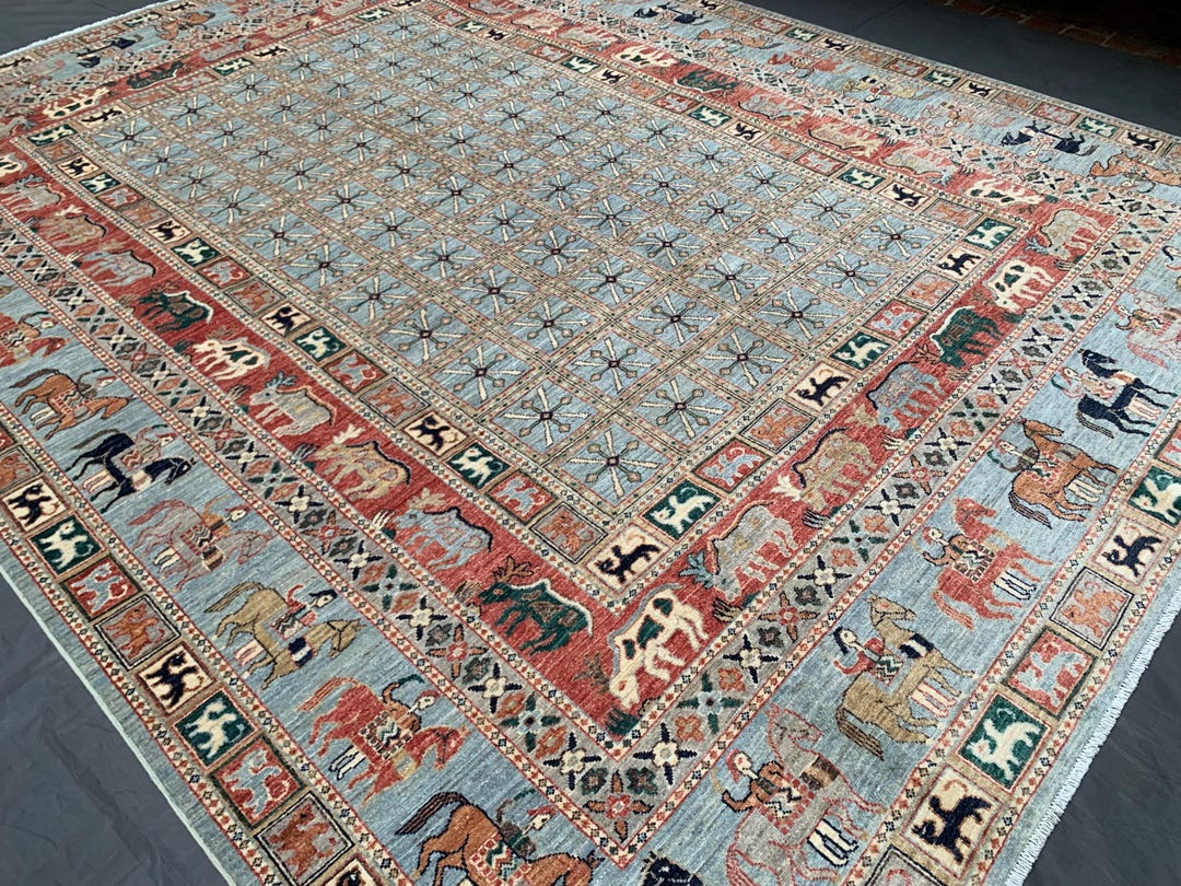 Light Blue Folk Art Storytelling Rug 9.3x11.10 | Hand Woven Wool ...