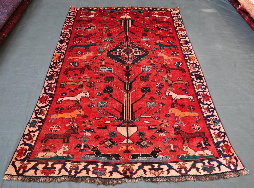 Vintage Caucasian Animal Pictorial Rug, 5x8 Ft Caucasian Antique ...