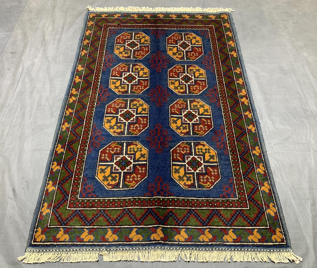 Blue Green Bukhara Tribal Wool Rug 4x6 | Geometric Nomadic Area Carpet ...