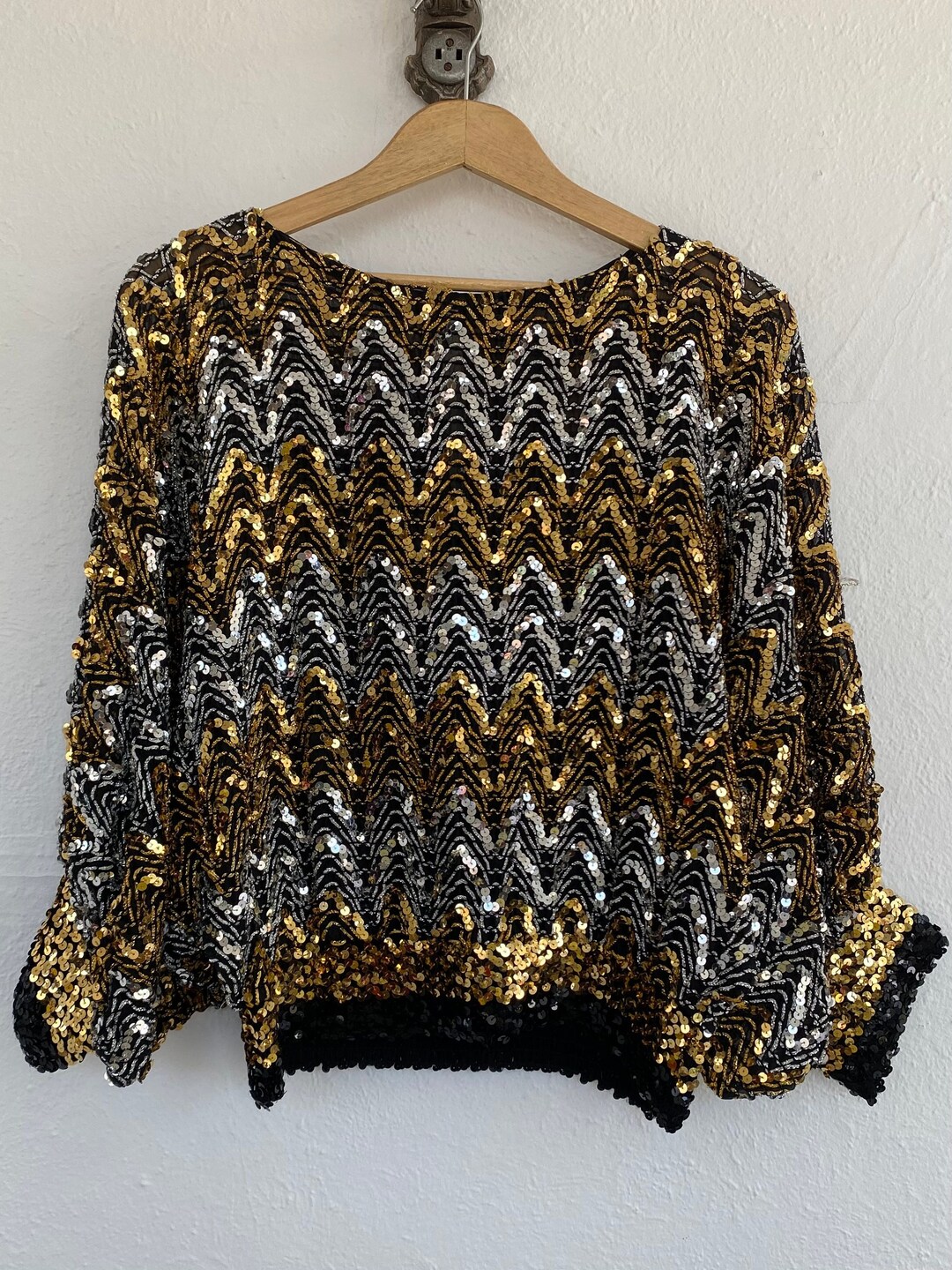 1970s 1980s Silver Gold Metallic Sequined Semi Sheer Batwing Dohlman ...