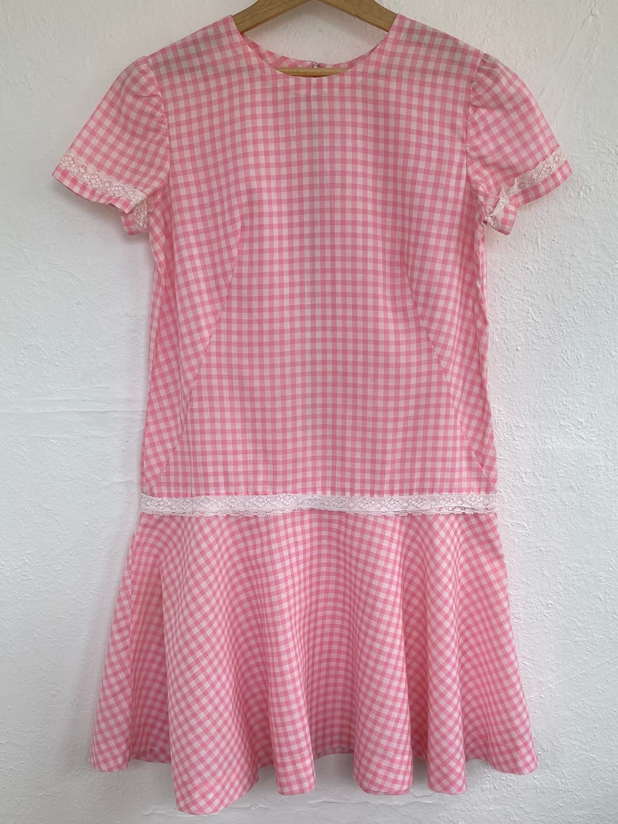 1960s Light Baby Pink Gingham Check Lace Trim Drop Waist Short Sleeve ...