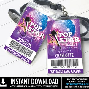 Pop Star Party VIP Badge, Party Like a Pop Star, Rock N Roll, Backstage ...