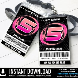 Race Car Party Pit Crew Pass, VIP Badges, All Access Pass, Pink Girl ...