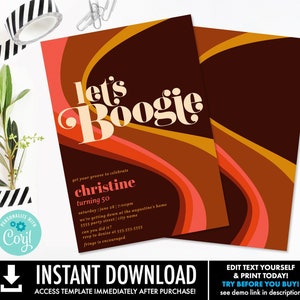 Editable 70s Let's Boogie Invite, Retro 70's Let's Get Groovy, Hippie ...