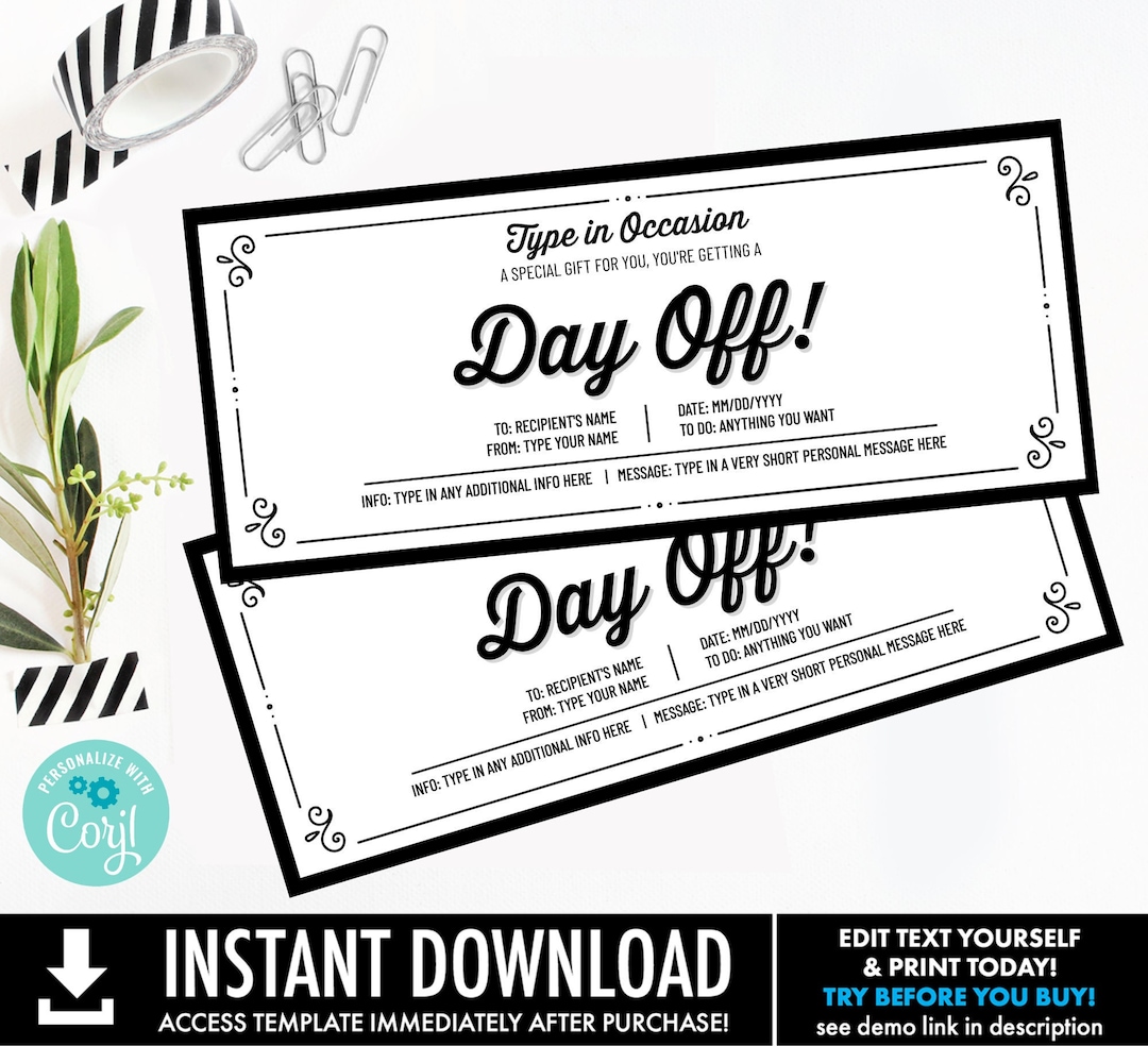 Day off Voucher for Any Occasion,surprise Gift Reveal,take a Break Day ...