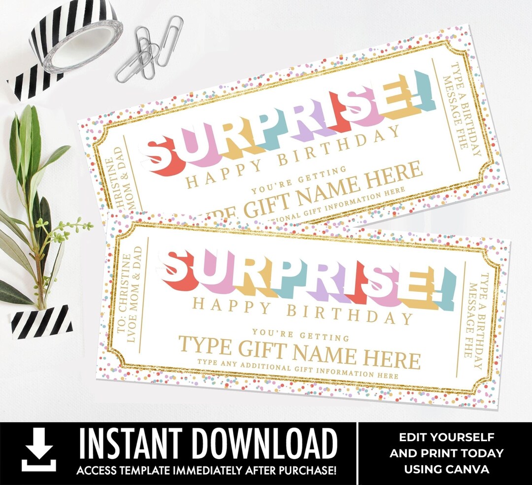 Surprise Happy Birthday Gift Certificate, Custom Gift Voucher Template ...