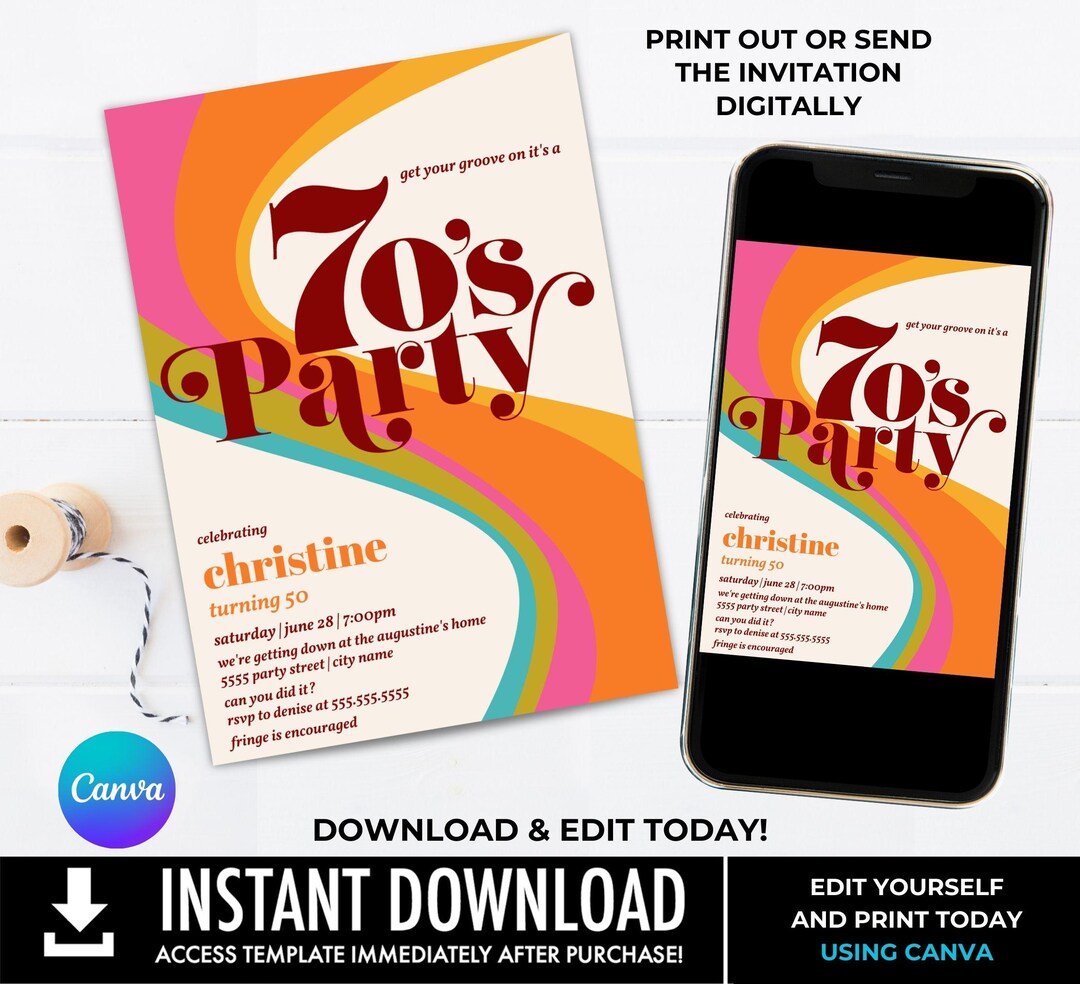 Editable 70s Get Your Groove on Invite, Retro 70's Let's Get Groovy ...