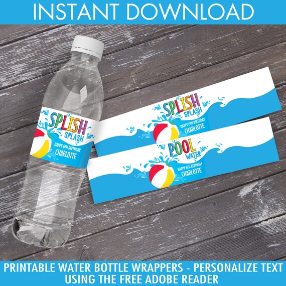 Pool Party Water Bottle Wrappers - Water Bottle Labels, Birthday Party ...