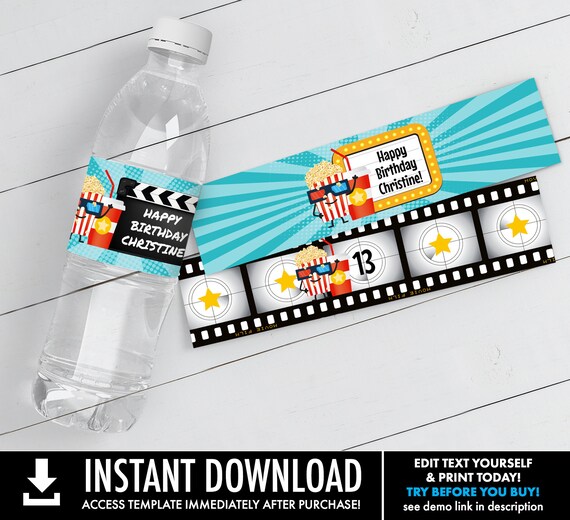 Movie Party Water Bottle Label, Cinema Party, Movie Night Party, Movie ...