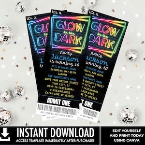 Neon Glow Party Ticket Invitation - Neon Glow Birthday, Glow Party ...