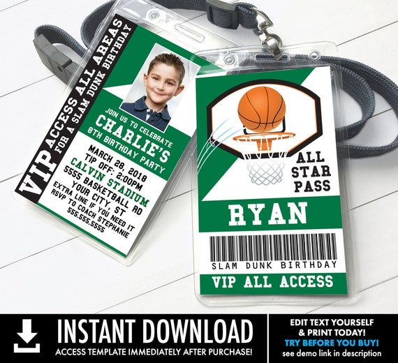 Basketball VIP I.D. Badge Invitation - Photo Basketball Invite Badge ...