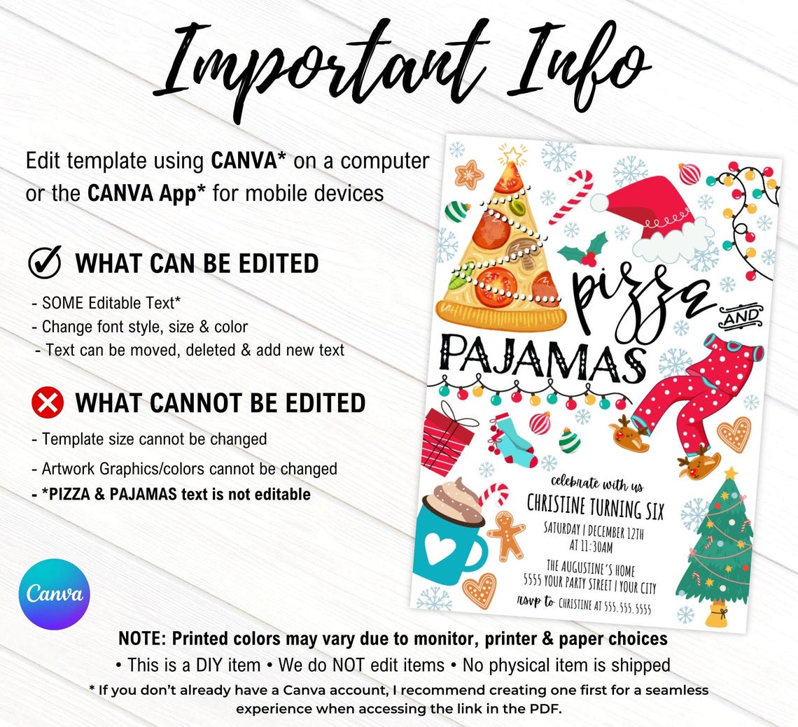 Pizza and Pajamas Birthday Invitation, Christmas Pizza & Pajama ...