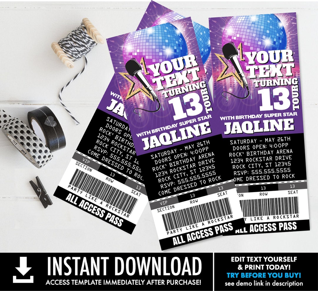Rockstar Party Ticket Invitations Add YOUR Text-party Like a Rockstar ...
